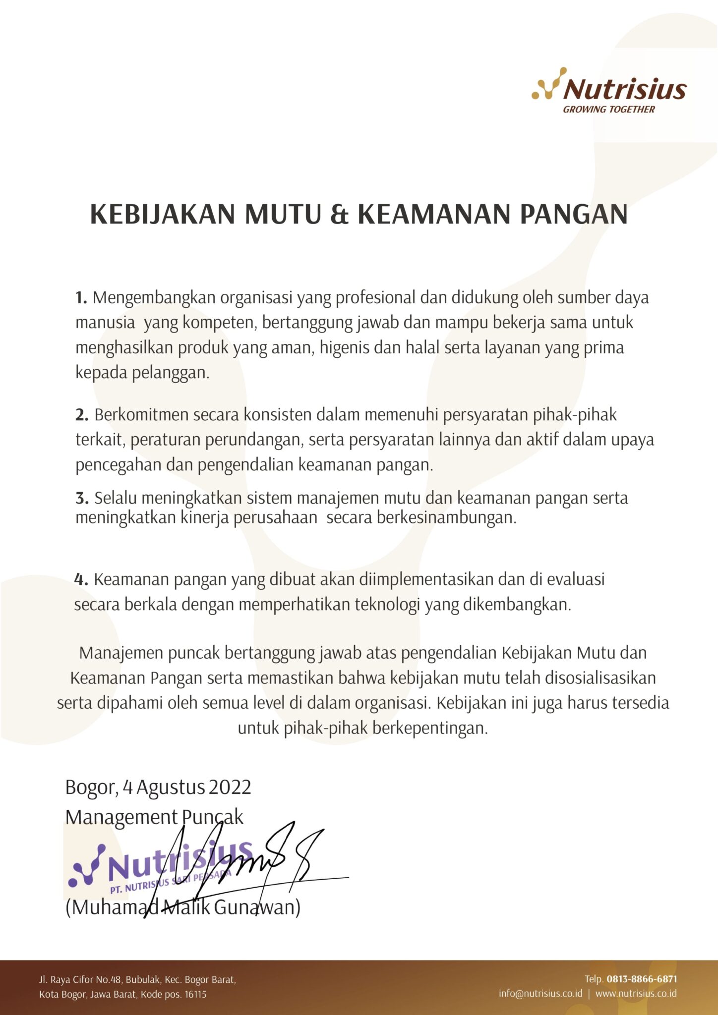 Kebijakan Mutu, Keamanan, dan Halal Produk Perusahaan